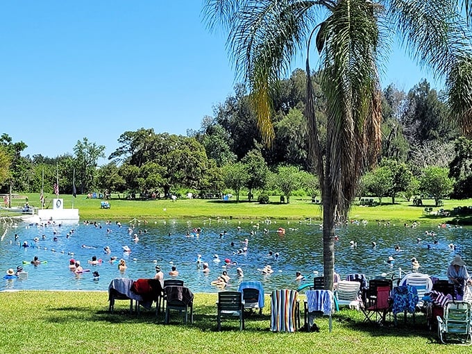 Bathers enjoy the constant 85-degree embrace of prehistoric waters, floating their cares away in nature's spa.