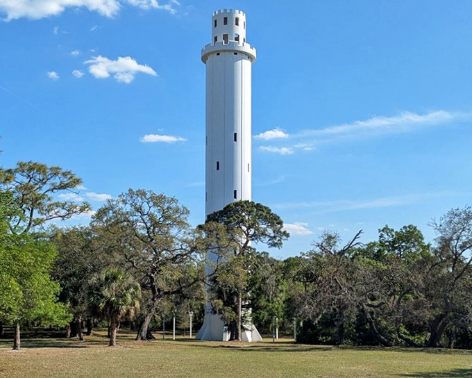 Wide-view shot: Standing tall among the greenery, the tower looks like it wandered off from a European castle tour and decided Florida's weather was more its style.