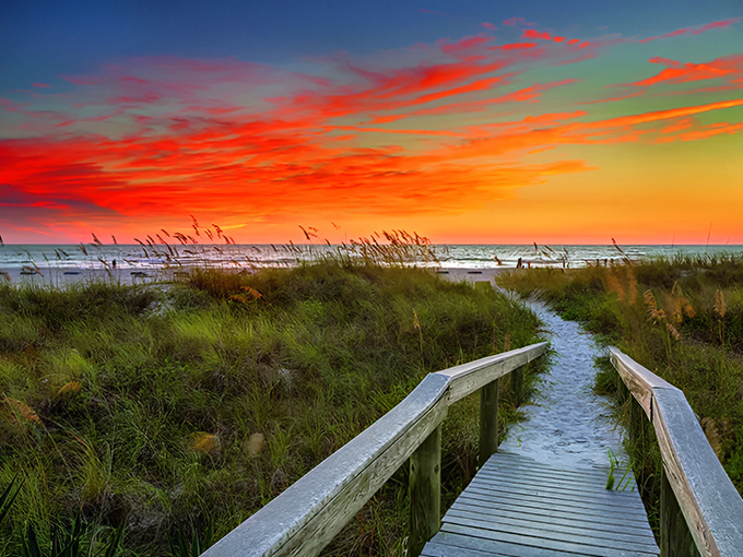 A serene path leads through grassy dunes to the sugar-white sands of Indian Rocks Beach, where the Gulf waters shimmer under a fiery sunset.