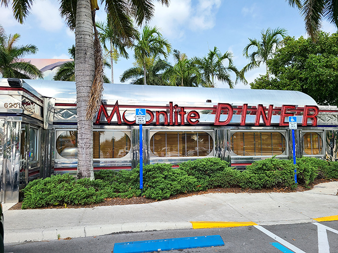 Moonlite Diner's classic railcar design with shiny chrome and red accents stands ready to transport you back to when Elvis was king and milkshakes came with two straws.
