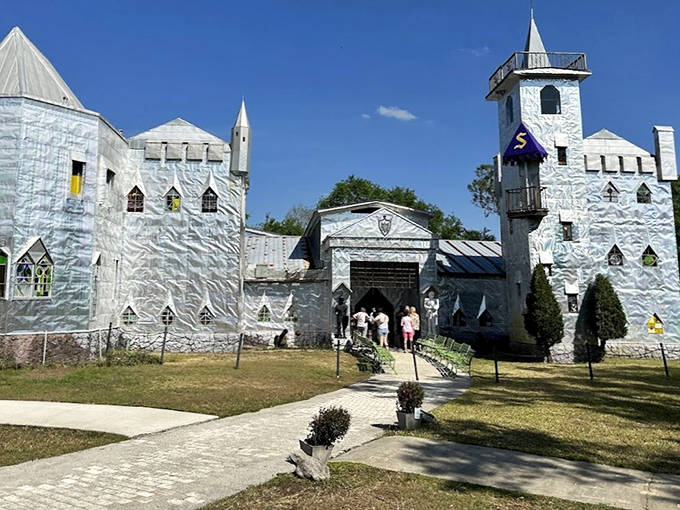 Solomon's Castle gleams with an otherworldly shine, its walls covered in recycled newspaper printing plates creating a truly one-of-a-kind structure.