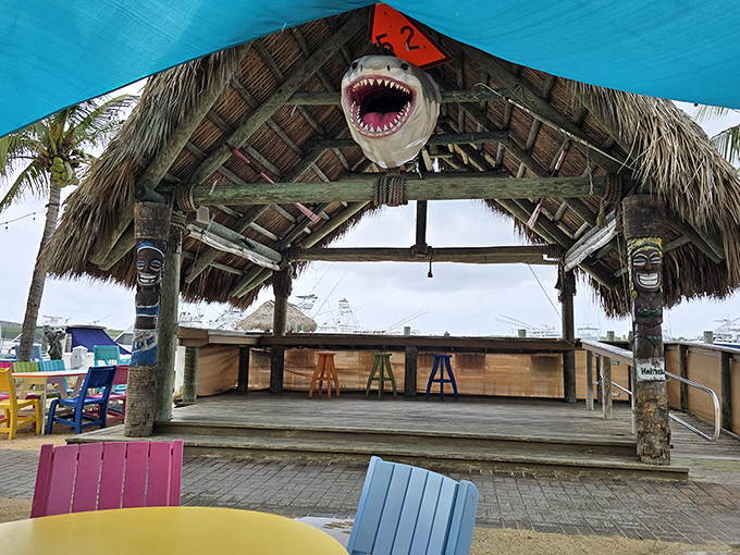 A shark guards the tiki bar at Tiki 52, where colorful chairs invite guests to kick back and embrace island time.