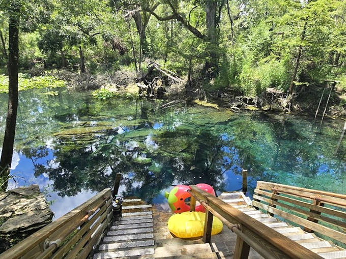 Peacock Springs' underwater passages beckon cave divers into a labyrinth of blue, where sunlight filters through openings in the limestone ceiling.