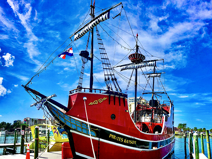 Three levels of pirate fun await aboard this crimson beauty, where every deck offers a different adventure and a fresh ocean breeze.