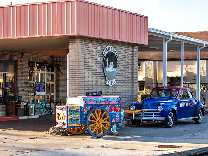 Lakeland's colorful shops offer a blend of antiques and local art, with this vintage blue car adding to the town's time-capsule feel.