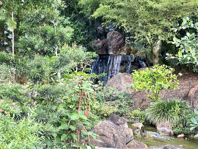 Another view of Morikami's peaceful water feature showcases traditional Japanese garden design. Water dances over moss-covered stones in this slice of Asian serenity.