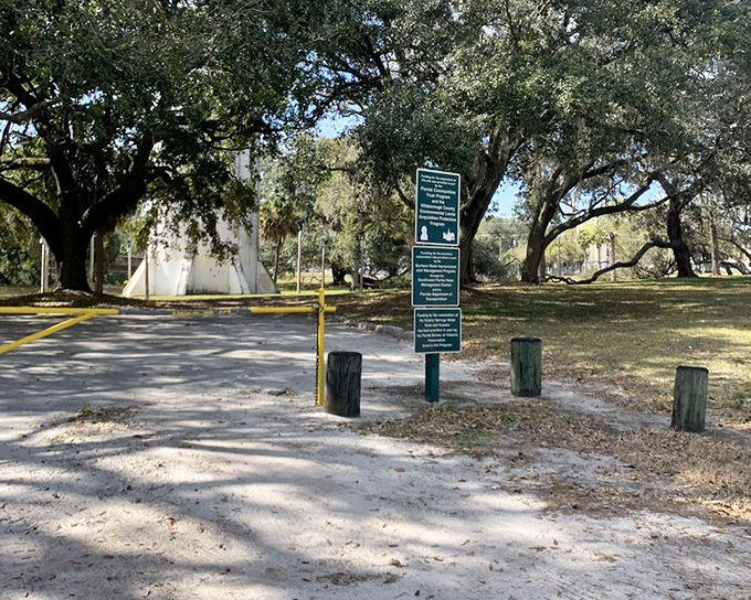 Access Road: The path to discovery winds through dappled shade, leading visitors toward Tampa's unexpected architectural marvel hiding in plain sight.