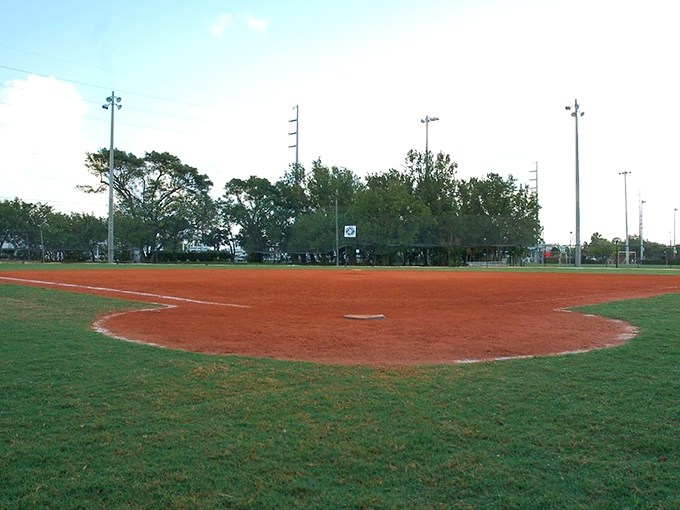 Baseball Infield The rust-colored diamond waits for its next heroes, where Florida's future MVPs practice their swings under swaying palms.