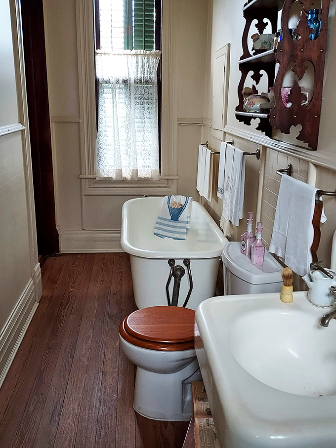 The claw-foot tub and pedestal sink remind us when "modern convenience" meant not having to haul water from the well.