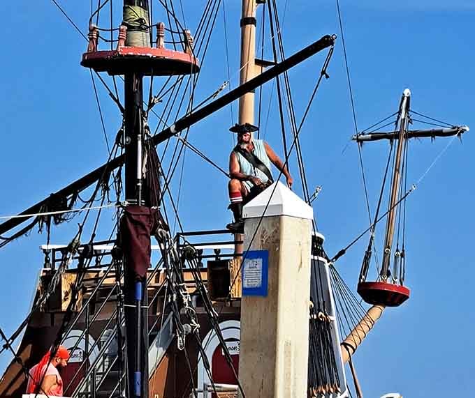 A pirate perched high in the rigging surveys the waters below, committed to the role like method actors commit to Oscar-worthy performances.