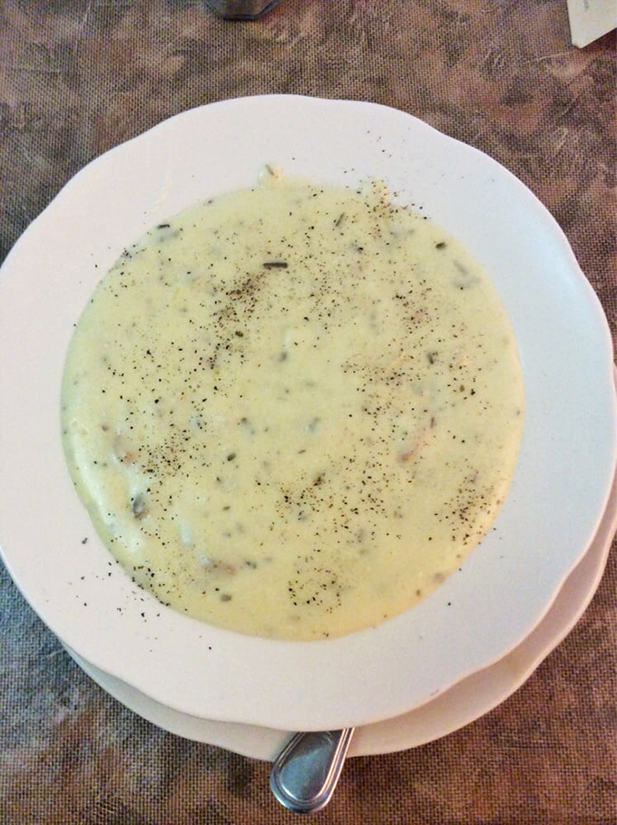 The legendary chicken velvet soup &ndash; velvety smooth with delicate chunks of chicken swimming in a creamy broth that warms you from the inside out.