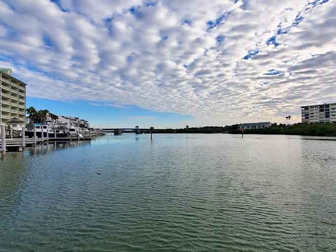 The waterway's serene beauty provides a constantly changing backdrop, with boats and birds sharing the stage in nature's daily performance.
