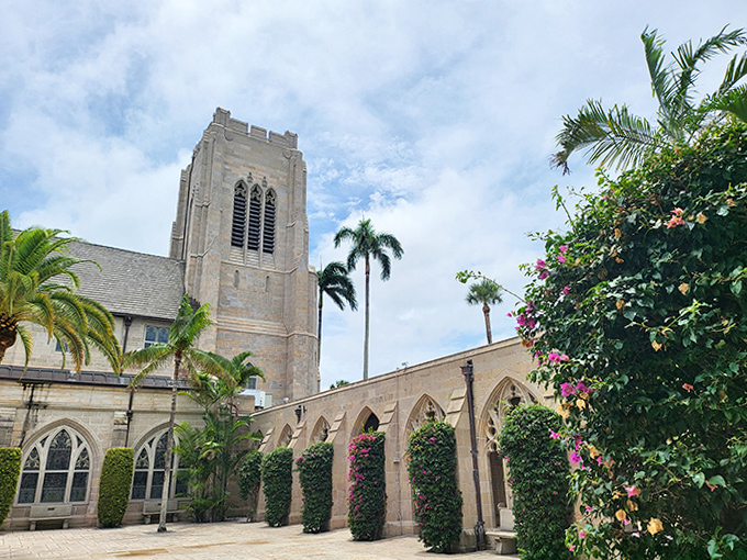 The cloister walkway offers cool refuge from Florida's sunshine, where each archway frames a perfect portrait of serenity and contemplation.