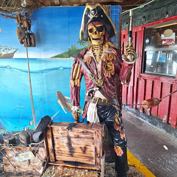 Even the decorative skeletons get better beach views than most people's actual homes, living their best afterlife on the Gulf Coast.