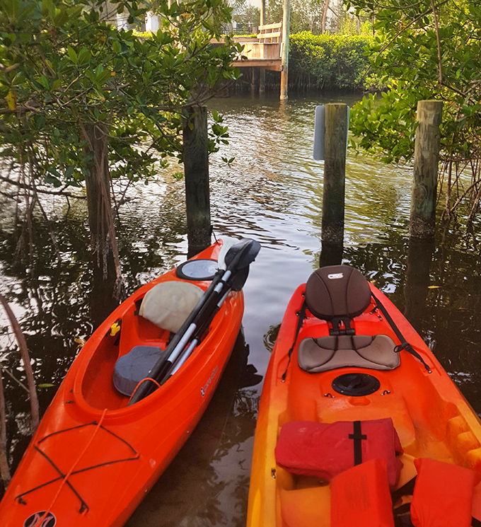 Tangerine-colored kayaks wait patiently at the dock, ready to transport adventurers through the island's secret mangrove tunnels.
