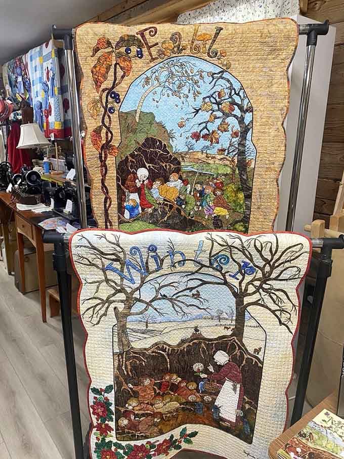 Handmade quilts showcase intricate scenes that required more patience than waiting for dial-up internet to connect.