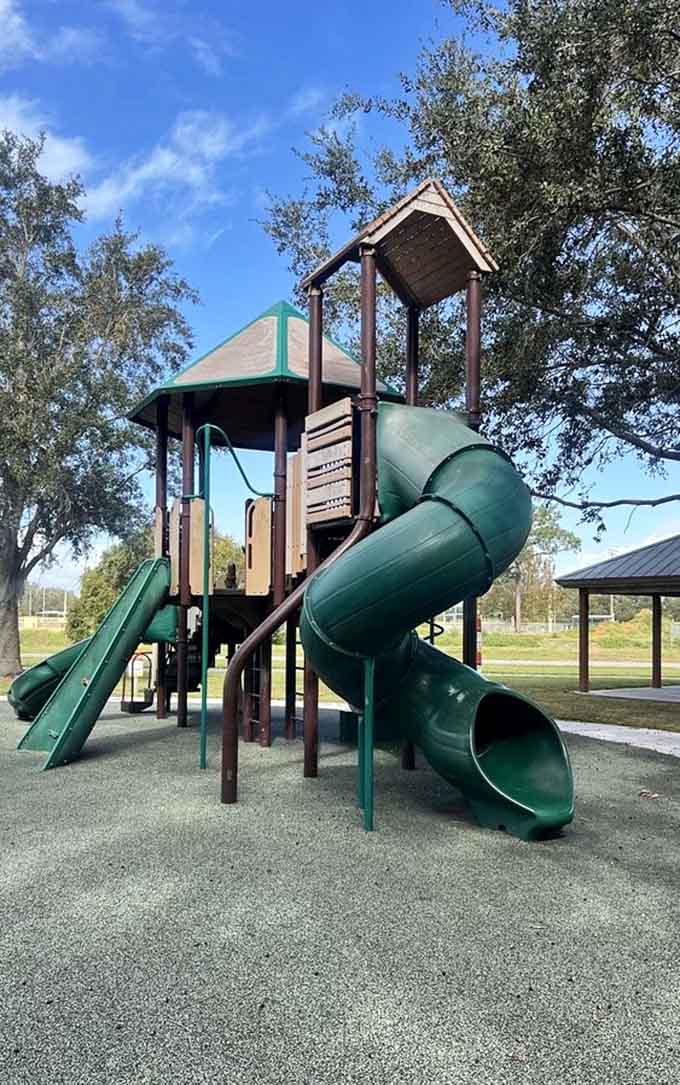 This playground equipment rises from the ground like a colorful castle, where kids can reign supreme over their imaginary kingdoms between nature walks.