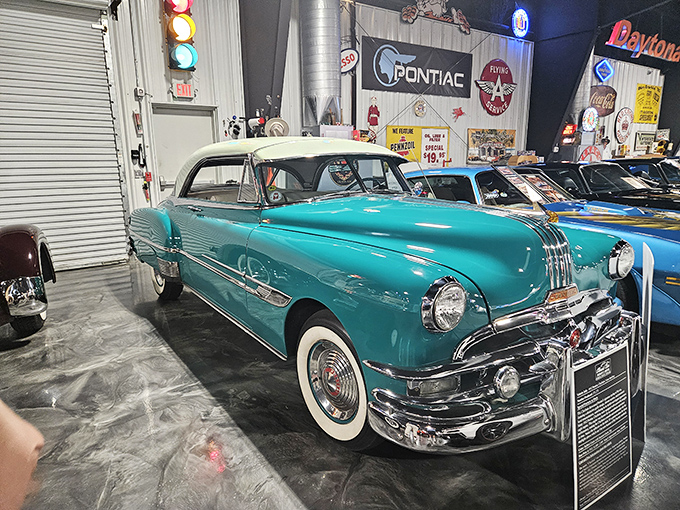 This turquoise Pontiac Chieftain looks ready for a sock hop, with enough chrome to blind passing aircraft on sunny Florida days.