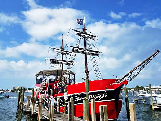 Docked and waiting for its next crew, the Sea Dragon's impressive silhouette stands out among Panama City Beach's marina offerings.