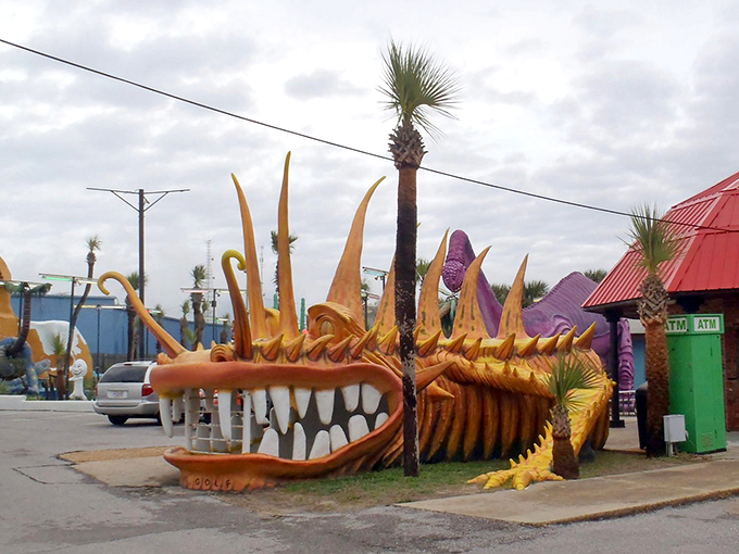 This toothy sea monster seems ready to devour errant golf balls, its spiky orange maw a testament to mid-century monster design.