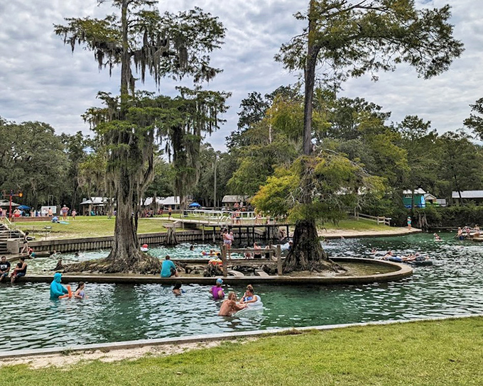 The spring pool's emerald waters invite you in like that friend who always has the best snacks and stories.