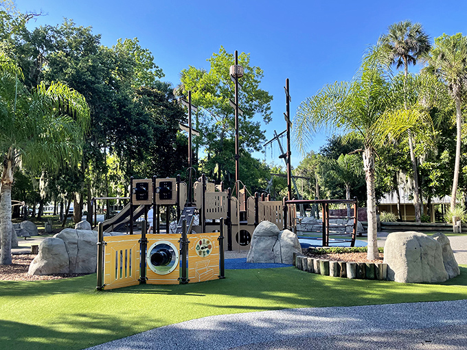 At Spruce Creek Park, a nautical-themed playground invites young explorers to set sail on imaginary adventures amid natural Florida beauty.