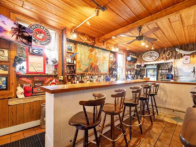 The bar area serves up cold drinks and warm conversation, proving that some traditions never go out of style no matter the century.