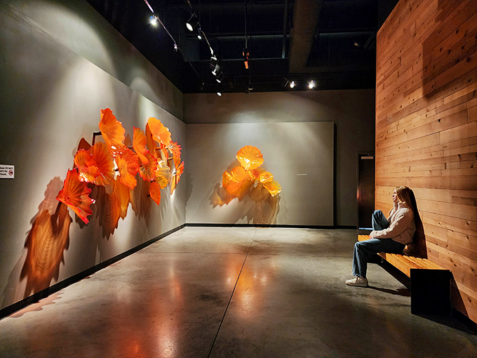 A visitor finds quiet contemplation before a wall of fiery orange glass flowers that seem to bloom directly from the gallery wall.