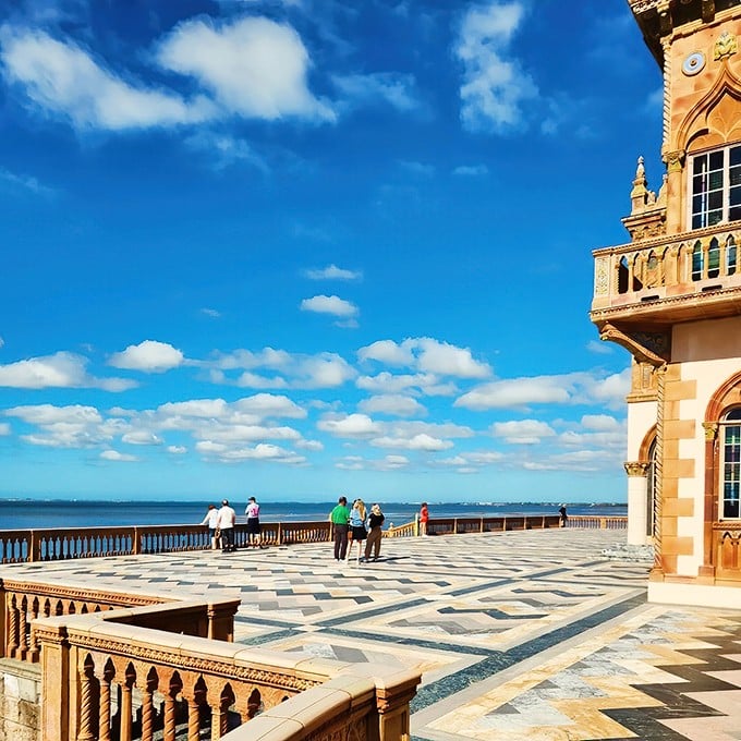 The terrace offers views that make visitors contemplate career changes to whatever might afford them such a waterfront vista.
