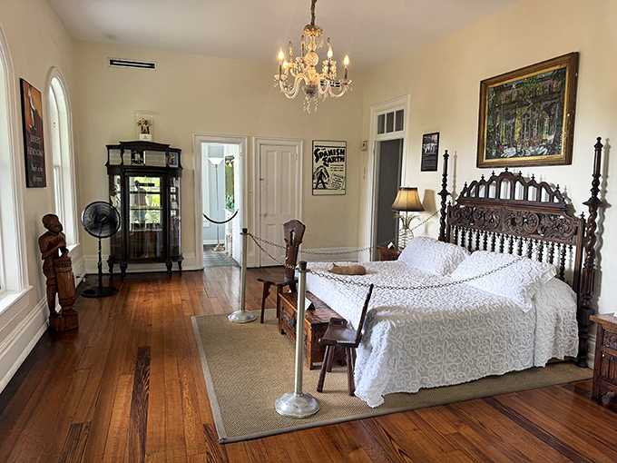 Hemingway's bedroom exudes old-world charm with its ornate bed and chandelier. The perfect setting for dreaming up adventures or nursing legendary hangovers.
