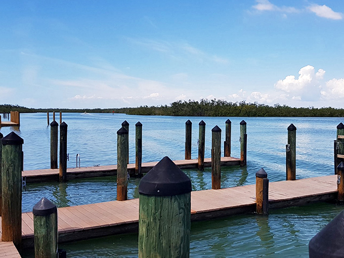 Weathered wooden docks welcome seafarers to this slice of old Florida, where time seems to slow with each lapping wave.