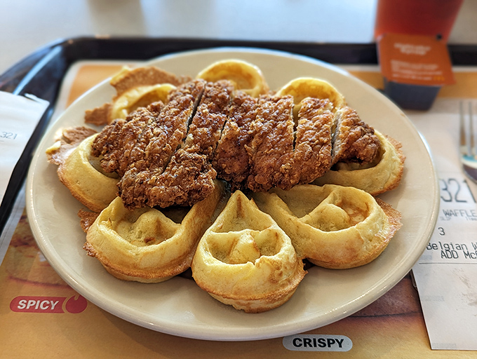 Crispy golden chicken perched atop fluffy Belgian waffles – a secret menu item that rivals trendy brunch spots for a fraction of the price.