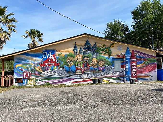 Young minds soar through colorful worlds of imagination in this playful educational mural celebrating childhood and learning.