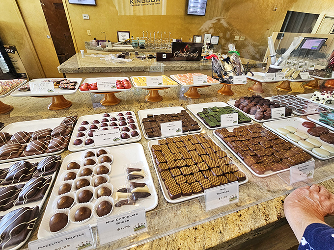 Feast your eyes on this chocolate cornucopia where truffles, squares, and bonbons await adoption by eager chocolate enthusiasts with stretchy waistbands.