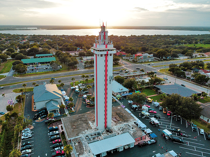 Striking orange stripes race up the tower's white exterior, creating a landmark visible for miles &ndash; nature's own "you are here" pin.