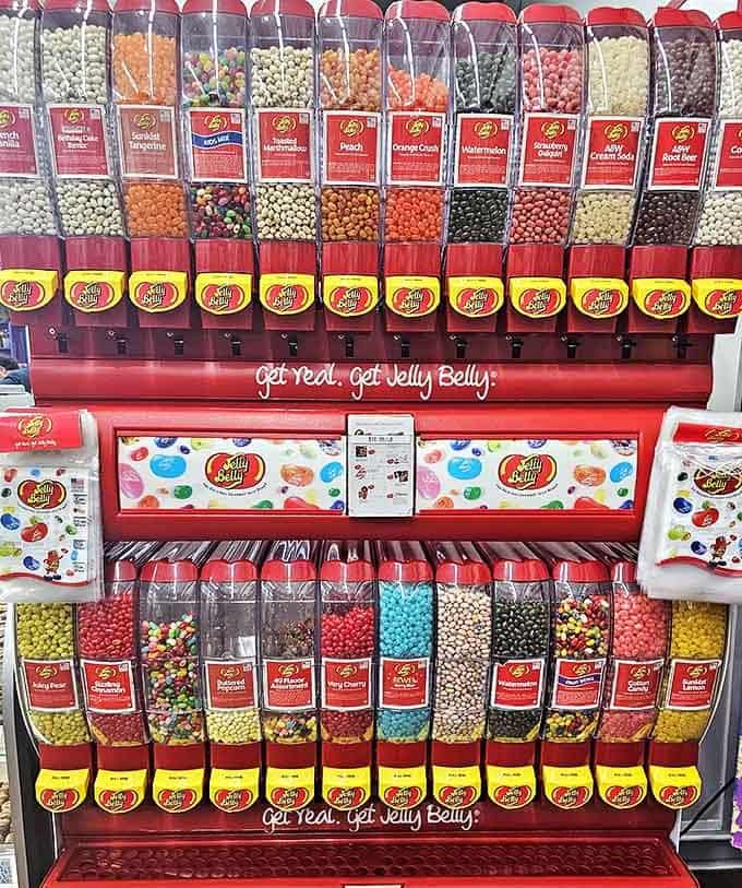 Jelly Belly beans arranged with more precision than a military parade, creating a rainbow so perfect it makes actual rainbows jealous.