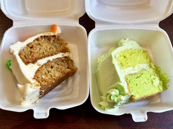 A study in contrasts: carrot cake's earthy sweetness alongside the electric tang of key lime &ndash; two Florida classics reimagined as towering slices of heaven.