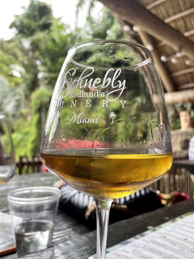 Liquid gold! Schnebly's signature mango wine catches the light, promising tropical flavors that could only come from Florida.