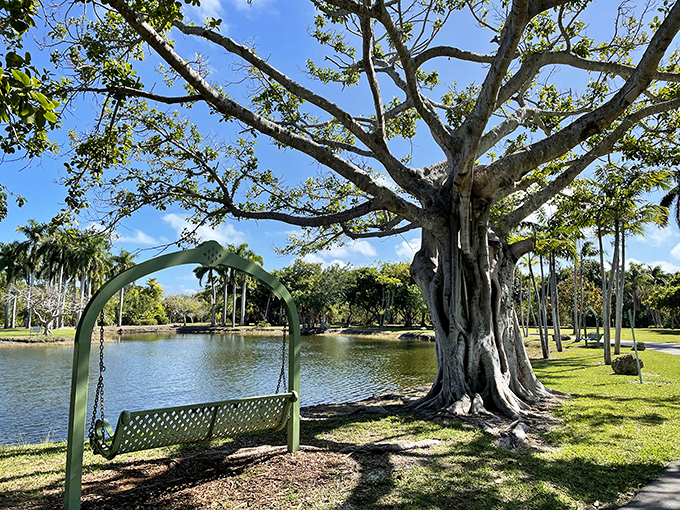 Ancient trees provide natural shade near this weathered arch, creating a perfect spot for contemplation among the ghosts of Crandon Park's zoological history.