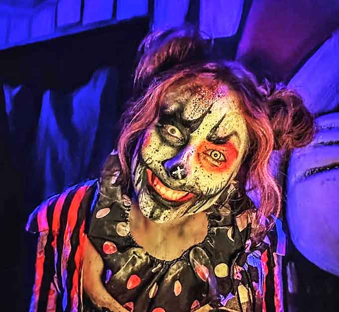 This isn't your average birthday party entertainer. The detailed makeup and maniacal expression show why Nightmare Village's performers are in a league of their own.