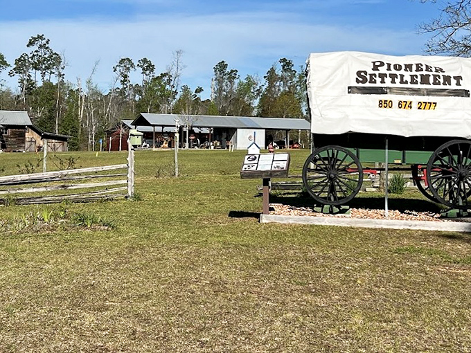 A covered wagon marks the entrance to this 20-acre living museum where Florida's rural past comes alive through authentic buildings and demonstrations.