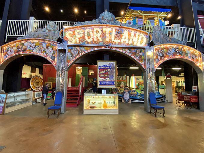 The "Sportland" entrance, with its twinkling lights and ornate decoration, once beckoned fairgoers to try their luck at games of chance.