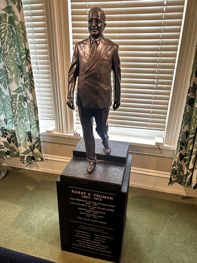 This bronze likeness of Harry S. Truman captures the no-nonsense demeanor of a president who famously declared "The Buck Stops Here" &ndash; even in paradise.