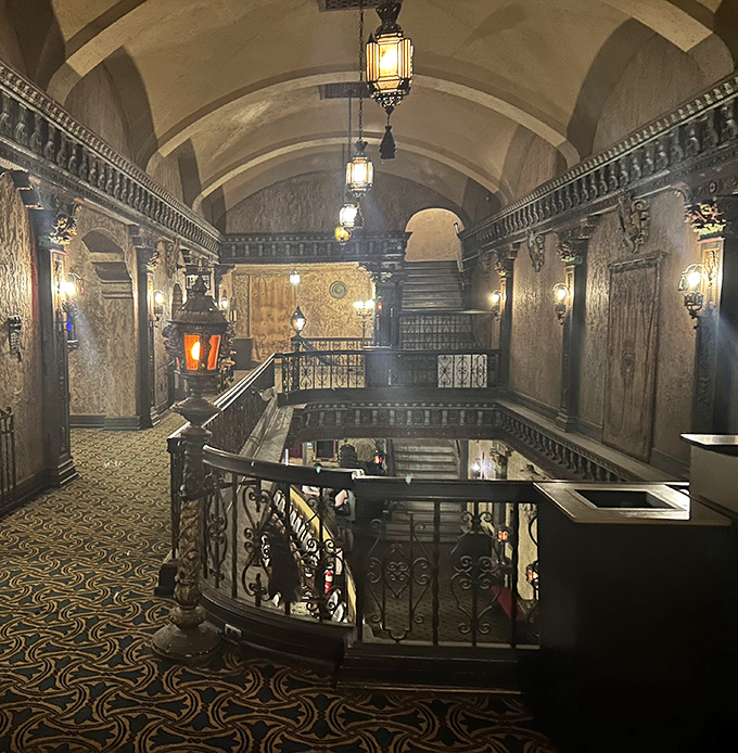 The upper level corridors feel like wandering through an ancient European castle, if that castle had impeccable taste in movies.