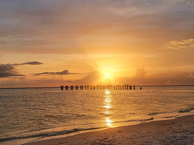 Mother Nature's nightly masterpiece paints the remnants of an old pier in golden hues, proving Florida's best show requires no ticket.