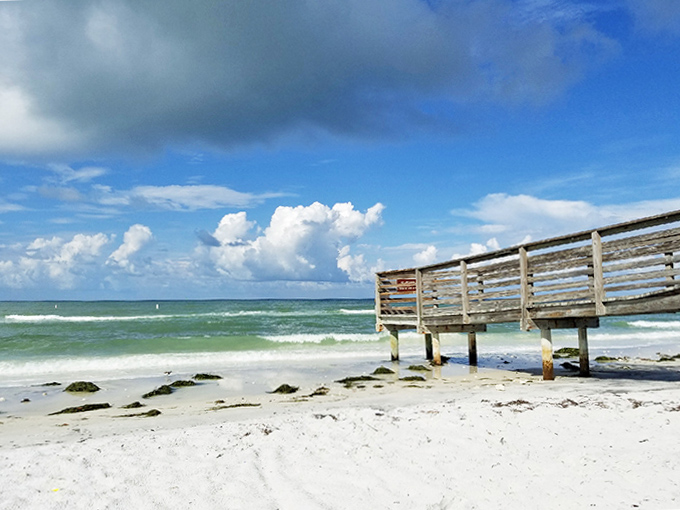 A wooden boardwalk invites visitors to explore Honeymoon Island State Park, with a sun-dappled shoreline framed by dramatic cloud formations.