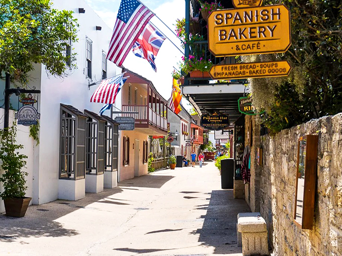 St. Augustine's historic streets lined with Spanish-influenced buildings and colorful shops capture the essence of old-world European charm.
