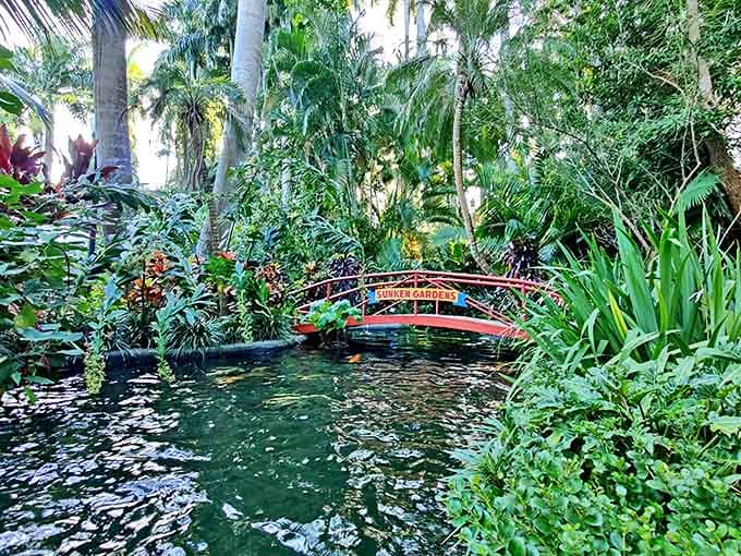 That red bridge over the lily pond looks like it was borrowed from a Monet painting.