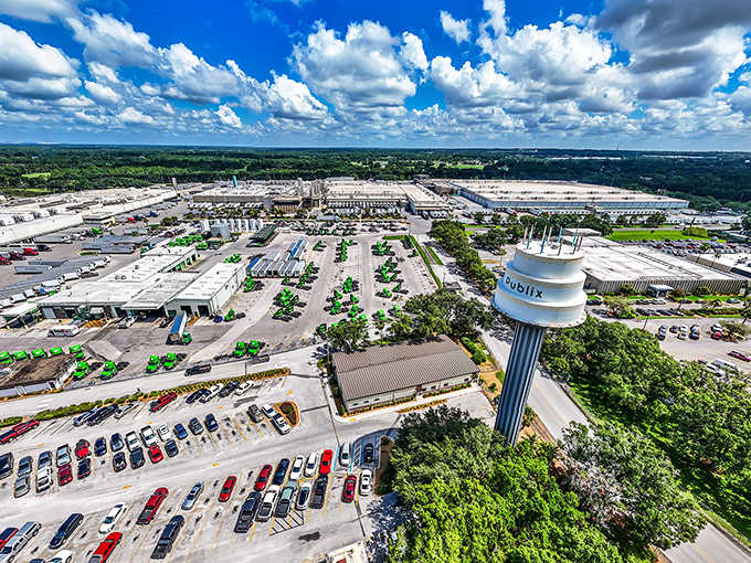 From above, the full Publix headquarters complex spreads out like a corporate campus that remembered to have a sense of humor.