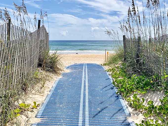 Beach access that promises more than just sand &ndash; a blue pathway leading to adventures where geology meets oceanography.